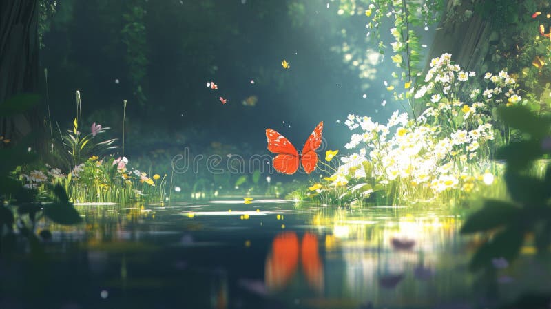 A Vibrant Red Butterfly Soaring Over a Serene Forest Pond Stock ...