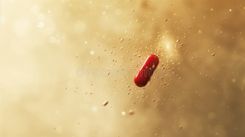 Vibrant Red Capsule Floating Amidst a Cloud of Golden Particles in a ...
