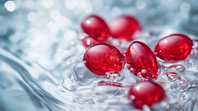 Vibrant Red Capsules in Clear Water with Bubbles and Smooth Surface ...