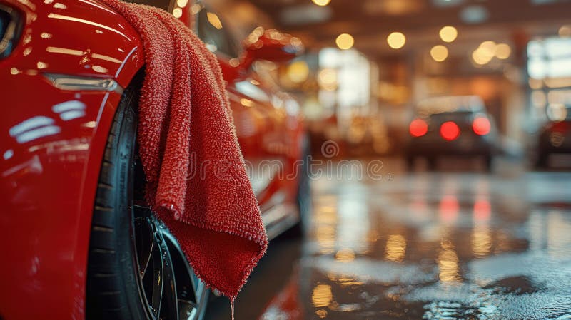 Vibrant Red Car with Microfiber Cloth in Modern Auto Garage Stock Photo ...
