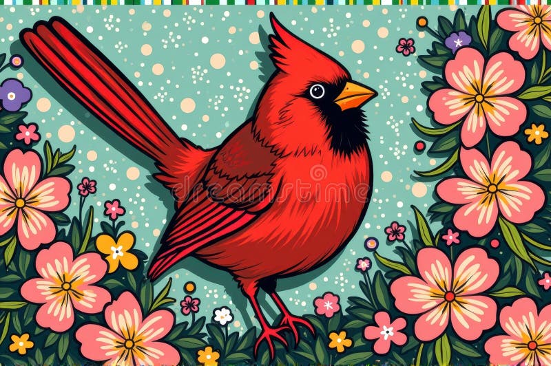 Vibrant Red Cardinal Amidst Colorful Floral Pattern Stock Photo - Image ...