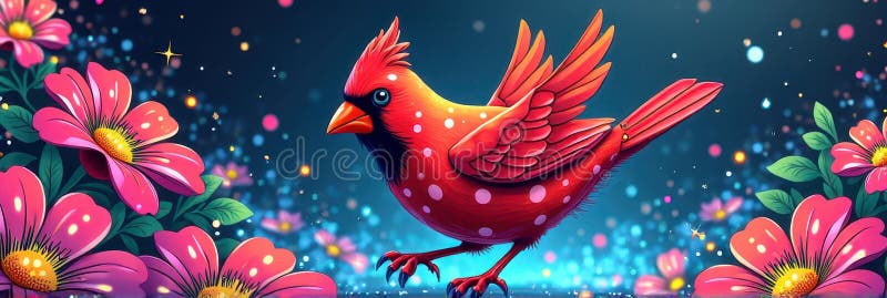 Vibrant Red Cardinal Amidst Pink Flowers and Sparkling Blue Background ...
