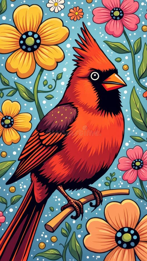 Vibrant Red Cardinal Perched Amidst Colorful Flowers and Greenery Stock ...