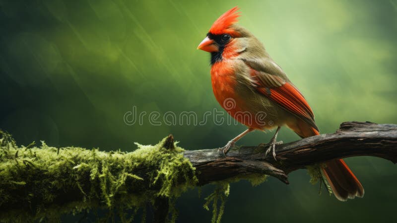 Vibrant Red Cardinal Perched on Mossy Tree Branch Stock Illustration ...