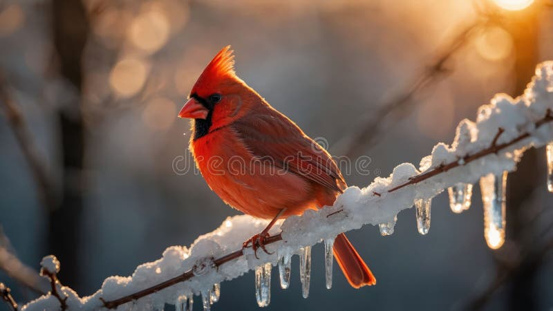 Majestic Northern Cardinal Perched on a Snowy Branch at Sunset Stock ...