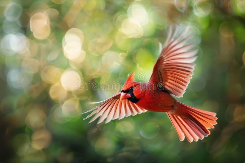 Vibrant Red Cardinal Soaring Gracefully with Wings Outstretched in Lush ...