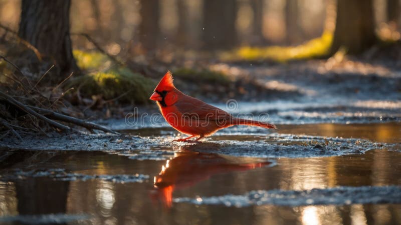 Radiant Northern Cardinal by the Water S Edge at Golden Hour Stock ...