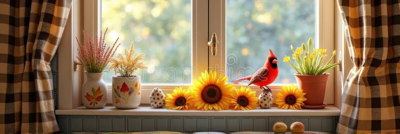 Vibrant Red Cardinal on Sunflower-adorned Window Sill with Autumn Decor ...