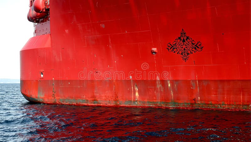 Vibrant Red Cargo Ship Hull with Logo on Calm Blue Water Stock ...
