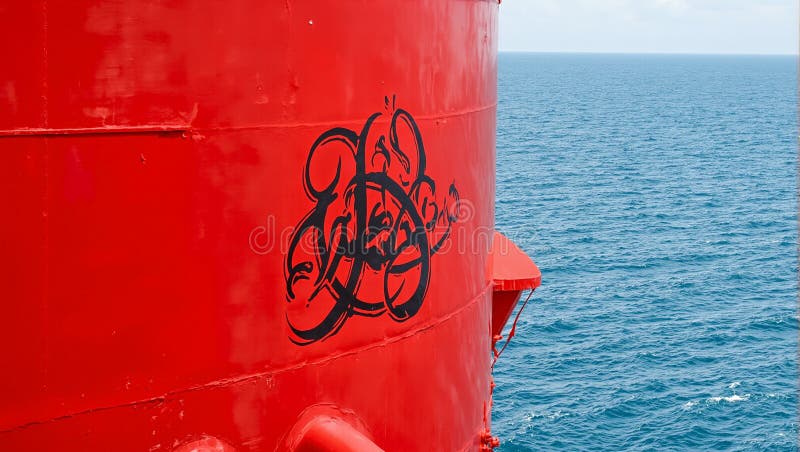 Vibrant Red Cargo Ship Hull with Logo on Calm Blue Water Stock ...