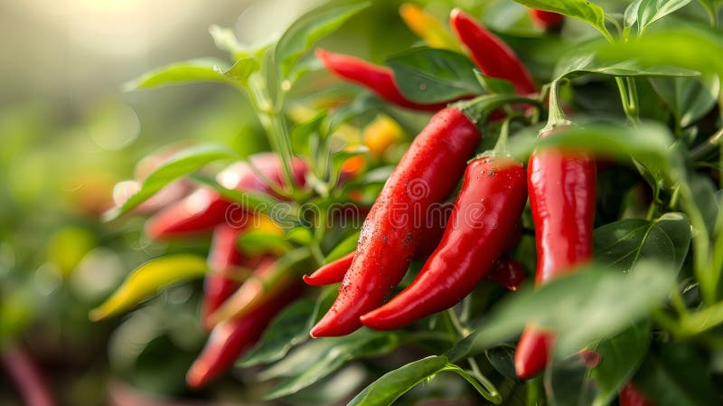 Vibrant Red Cayenne Peppers on Bush in Pepper Garden Stock Illustration ...