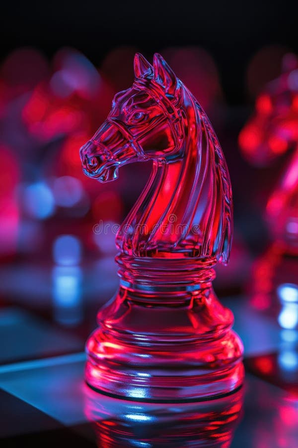 Vibrant Red Chess Knight Illuminated in Blue and Red Neon Lighting ...