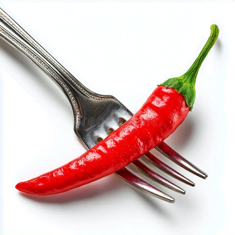 A Red Chili Pepper Resting on a Silver Fork Against White Background ...
