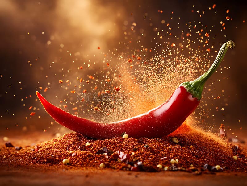 Vibrant Red Chili Pepper with Spicy Dust Explosion on Rustic Background ...