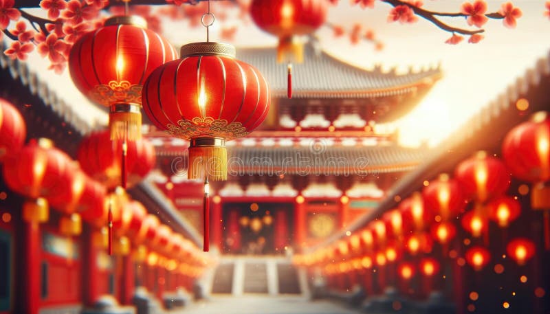 Traditional Chinese Lanterns Decorating Temple, AI Generated Stock ...