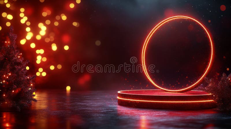 Vibrant Red Circular Display with Glowing Lights Against a Festive ...