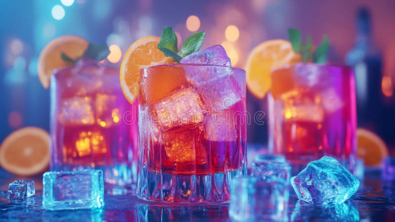 Vibrant Red Cocktails with Orange and Mint Garnishes at Night Stock ...