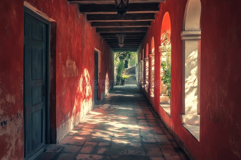 Vibrant Red Corridor in Sunlight Stock Photo - Image of lighting ...