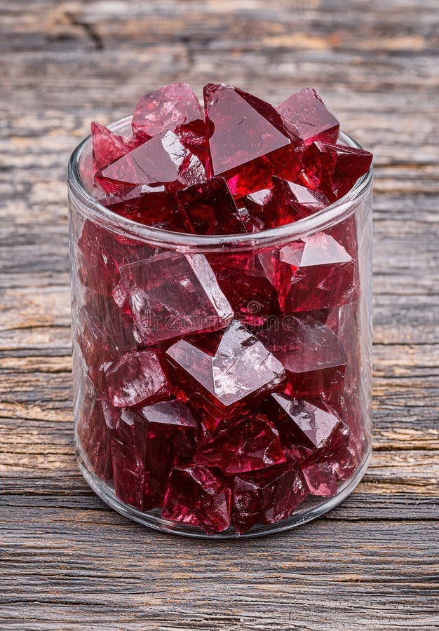 Vibrant Red Crystal Rock Formation in Glass Container Stock ...