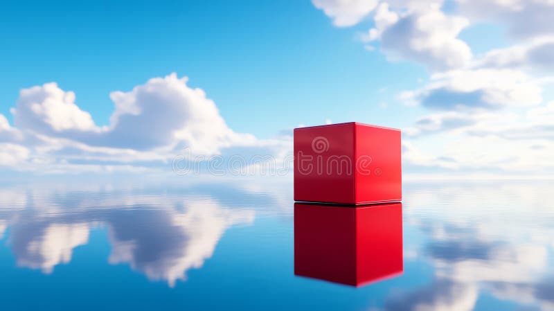 Vibrant Red Cube Reflects Beautifully Calm Water Surface Bright Blue ...