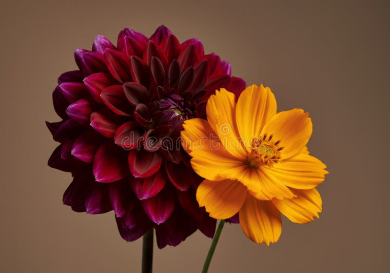 Vibrant Red Dahlia and Bright Orange Cosmos on a Neutral Background ...