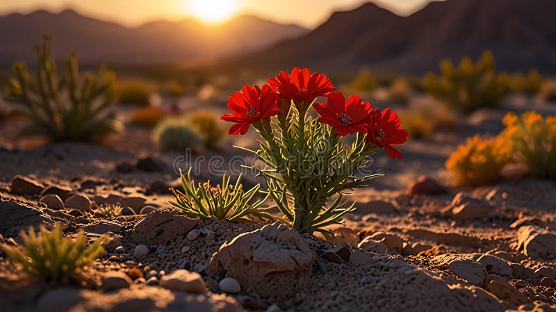 Vibrant Red Desert Flowers at Sunrise Stock Illustration - Illustration ...
