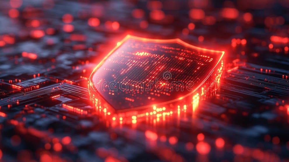 A Vibrant Red Digital Shield Represents Cybersecurity on a Network Circuit, Showcasing ...