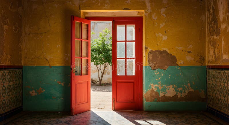 Bright Red Door Opening To a Tranquil Courtyard with Tree and Building ...