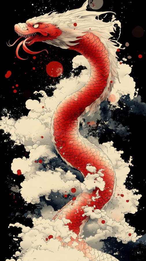 Vibrant Red Dragon Coiling through Clouds in a Dynamic Fantasy Artwork ...