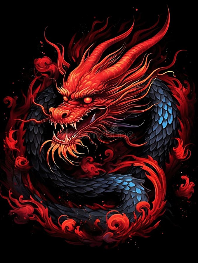A Fierce Red Dragon Coiling through Swirling Clouds Against a Dark ...
