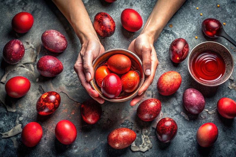 Vibrant Red Easter Eggs Dyeing Double Exposure on Gray Concrete a Springtime Celebration ...