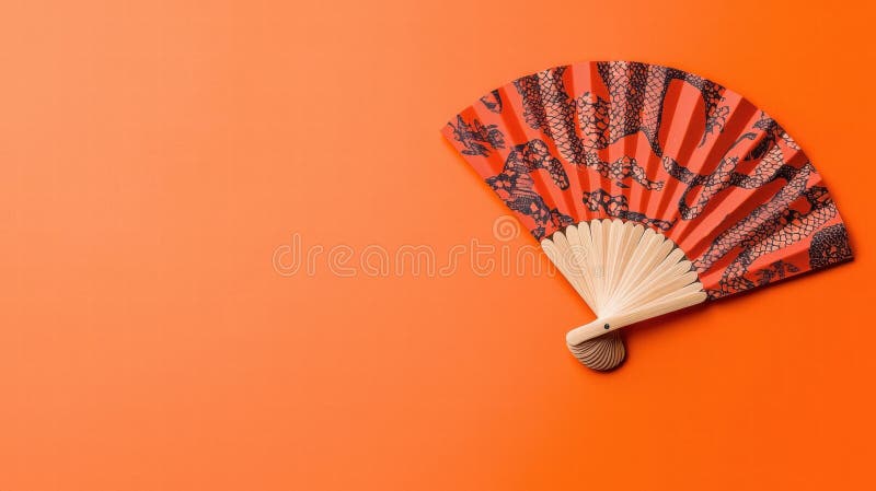 Vibrant Red Fan with Intricate Black Dragon Patterns on Orange Background Stock Photo - Image of ...