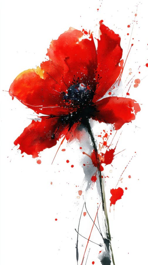 Vibrant Red Flower in Dynamic Watercolor Splash Art on White Background ...