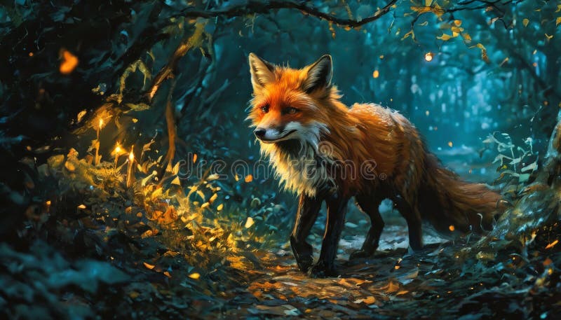 Vibrant Red Fox Exploring an Enchanted Forest at Dusk Stock Image ...