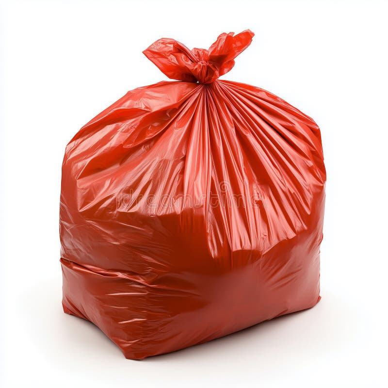 Bright Red Garbage Bag Rests Isolated on White Background in a Tidy ...