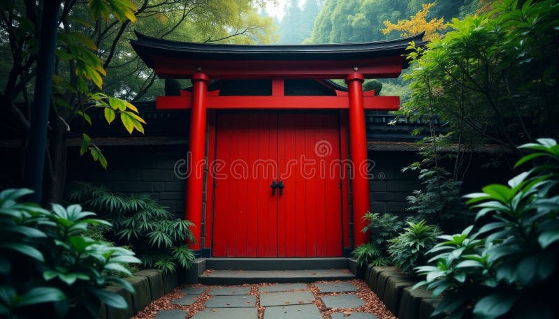 Vibrant Red Gate Surrounded by Mysterious Foliage Stock Illustration ...