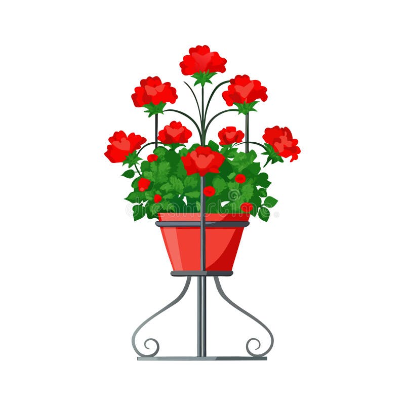 Red Geraniums in Red Pot on Metal Stand Vector Illustration Stock ...
