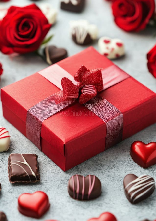 Romantic Gift Box Surrounded by Chocolates and Roses for Special ...