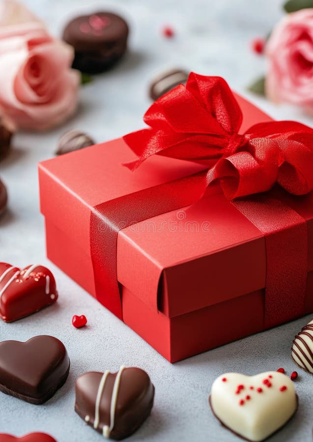 Romantic Gift Box Surrounded by Chocolates and Roses for Special ...