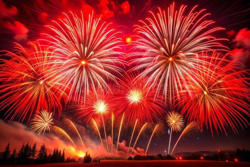 Vibrant Red and Gold Fireworks Exploding in the Night Sky, Illuminating ...