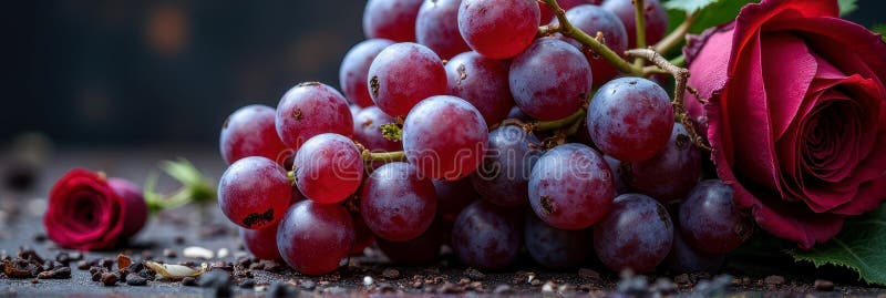 Vibrant Red Grapes and Roses with Leaves on Dark Artistic Background ...