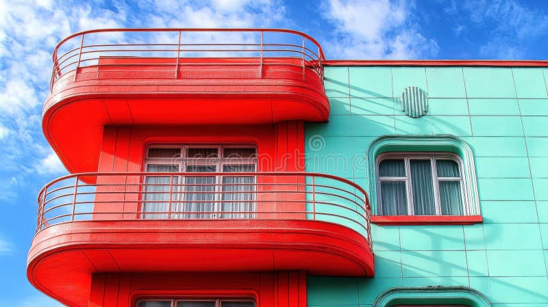 Vibrant Red and Green Building with Curved Balconies Stock Illustration ...