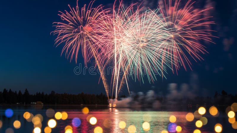 Fireworks at the lake stock image. Image of celebrate - 146150655