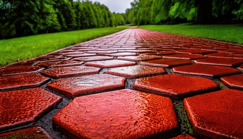 A Vibrant Red Hexagonal Tile Path through a Lush Green Park after Rain ...