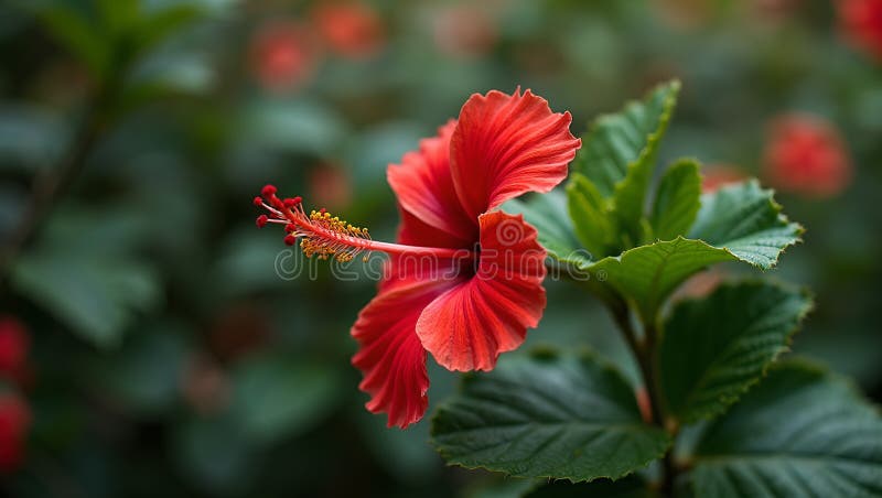 Vibrant Red Hibiscus Flower in Lush Tropical Garden Setting Stock ...