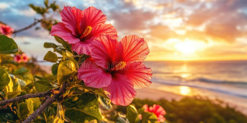 Vibrant Red Hibiscus Flowers Blooming at Sunset by the Ocean Stock ...