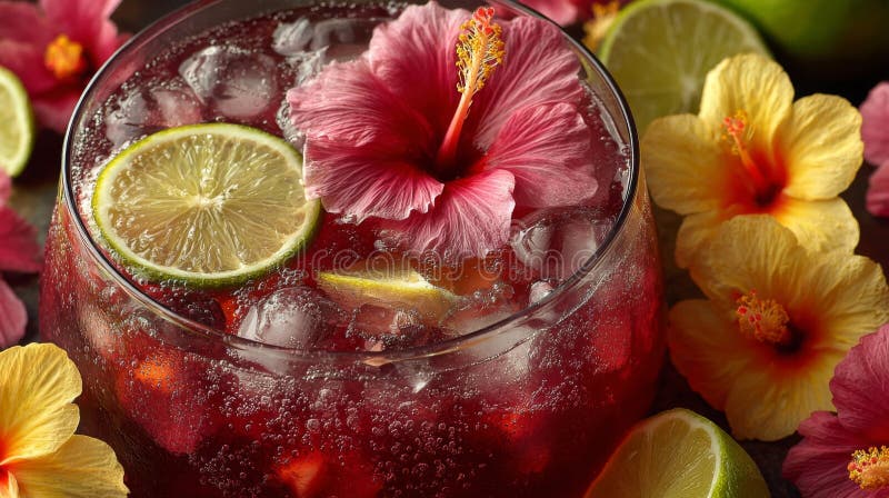 Vibrant Red Hibiscus and Lime Cocktail in Glass Bowl Stock Illustration ...