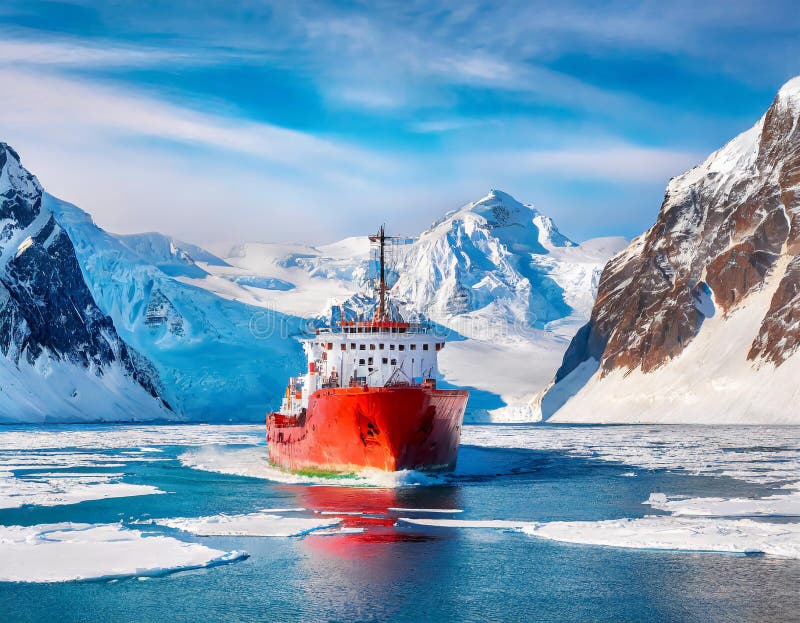 A Vibrant Red Icebreaker Ship Carves through the Icy Waters of the ... A Vibrant Red Icebreaker Ship Carves through the Icy Waters of the ...