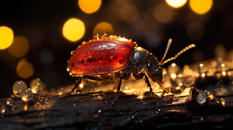 Vibrant Red Insect Perched on a Wooden Surface with Water Droplets, AI ...
