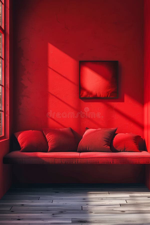 Vibrant Red Interior Design with Cushioned Bench, Abstract Wall Art ...
